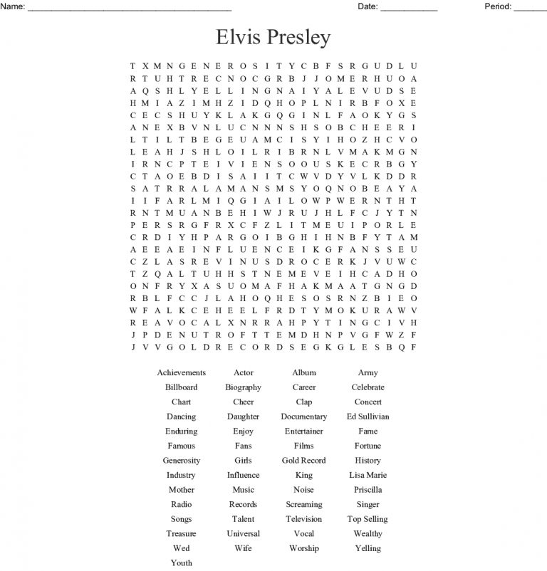 Free Printable Elvis Presley Word Search - Word Search Maker